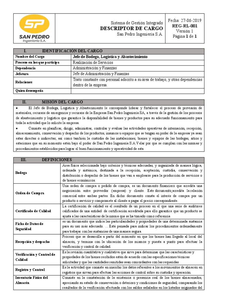 Reg-Rl-001-V1 - Descriptor de Cargo Jefe Bodega, Logistica y Abastecimeinto | PDF ...