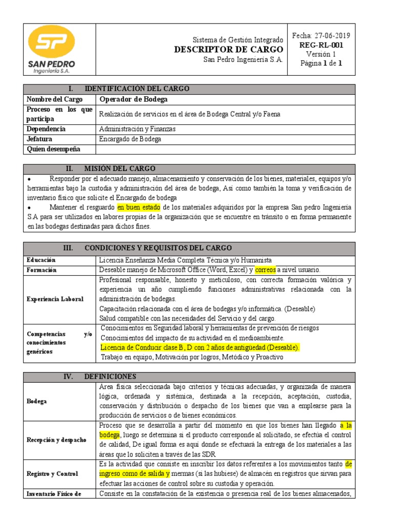 Reg-Rl-001-V1 - Descriptor de Cargo Operador de Bodega | PDF | Business | Inventario