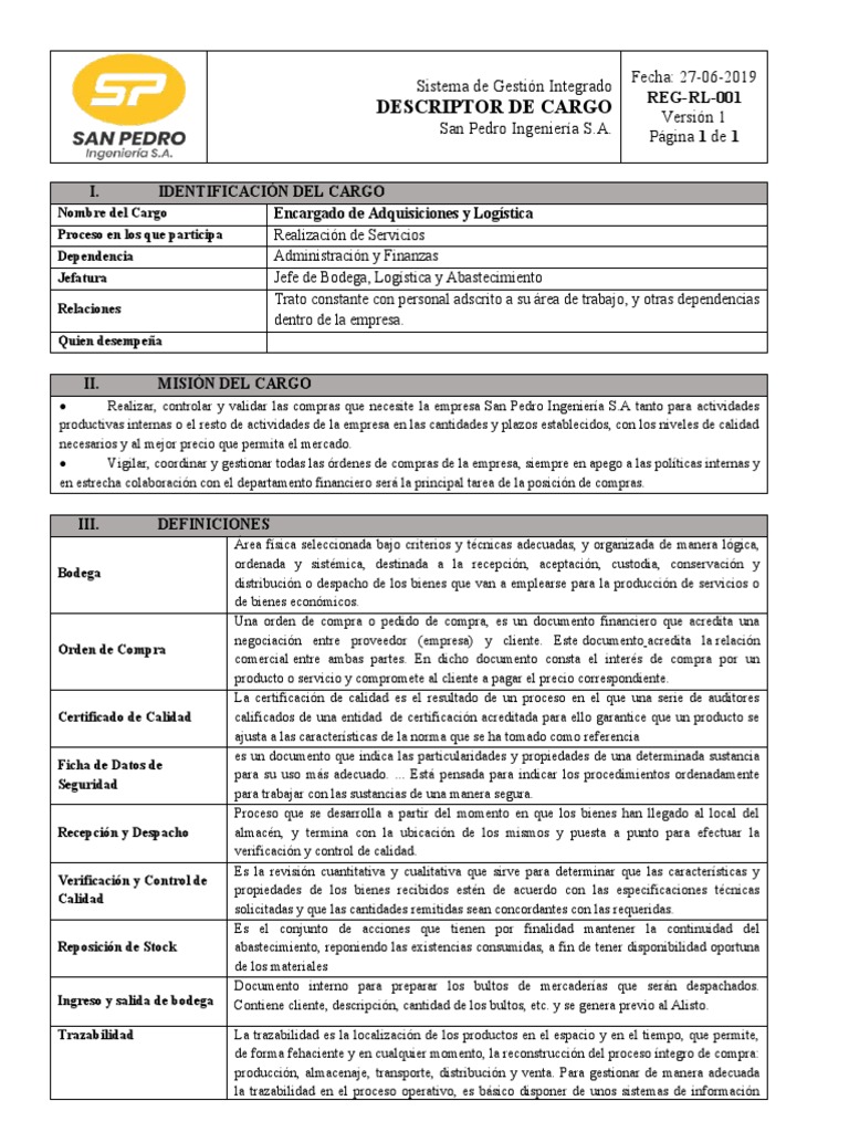 Reg-Rl-001-V1 - Descriptor de Cargo Encargado de Adquisiciones y Logistica | PDF | Calidad ...