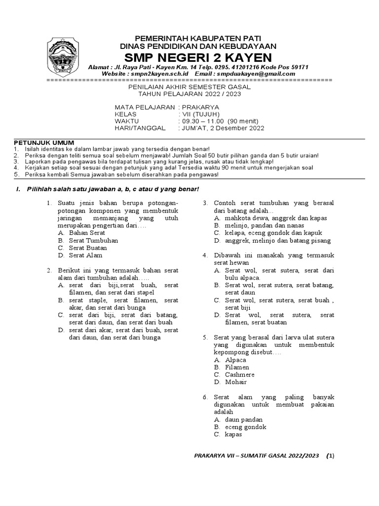 Soal Sumatif 7 1 22 Prakarya | PDF
