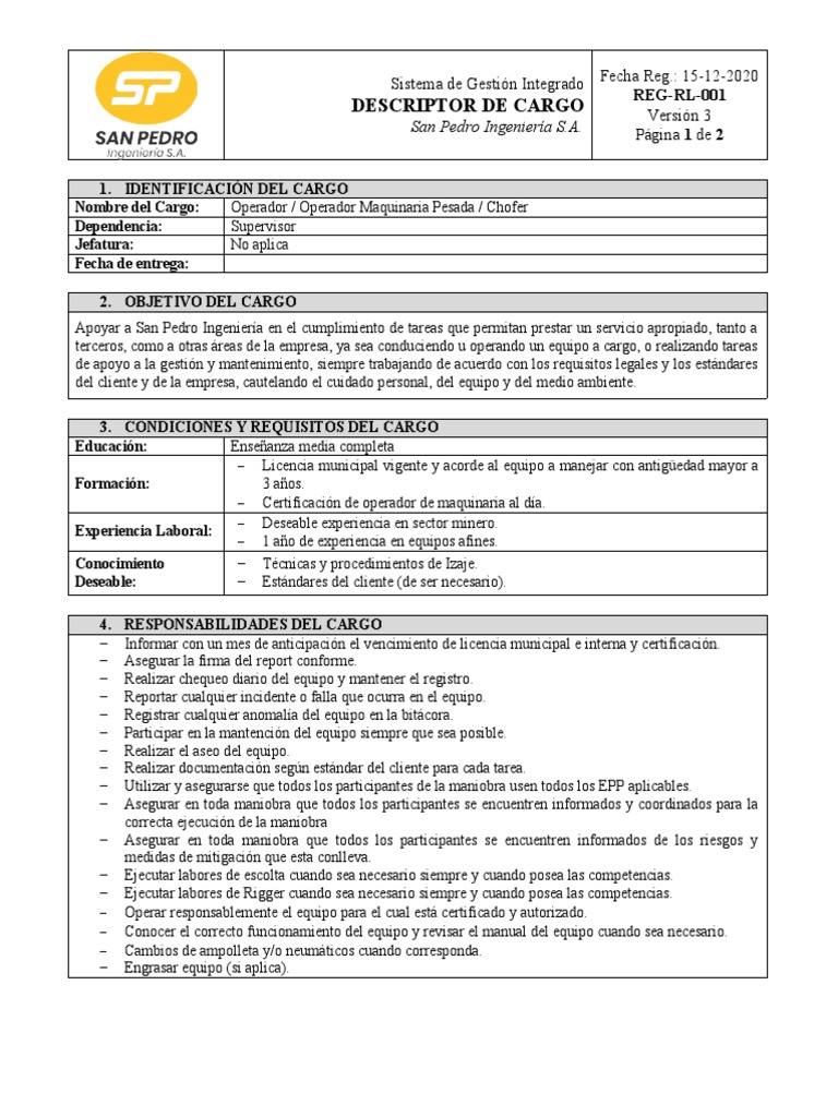 REG-RL-001-V3 - DESCRIPTOR DE CARGO (Operador) | PDF