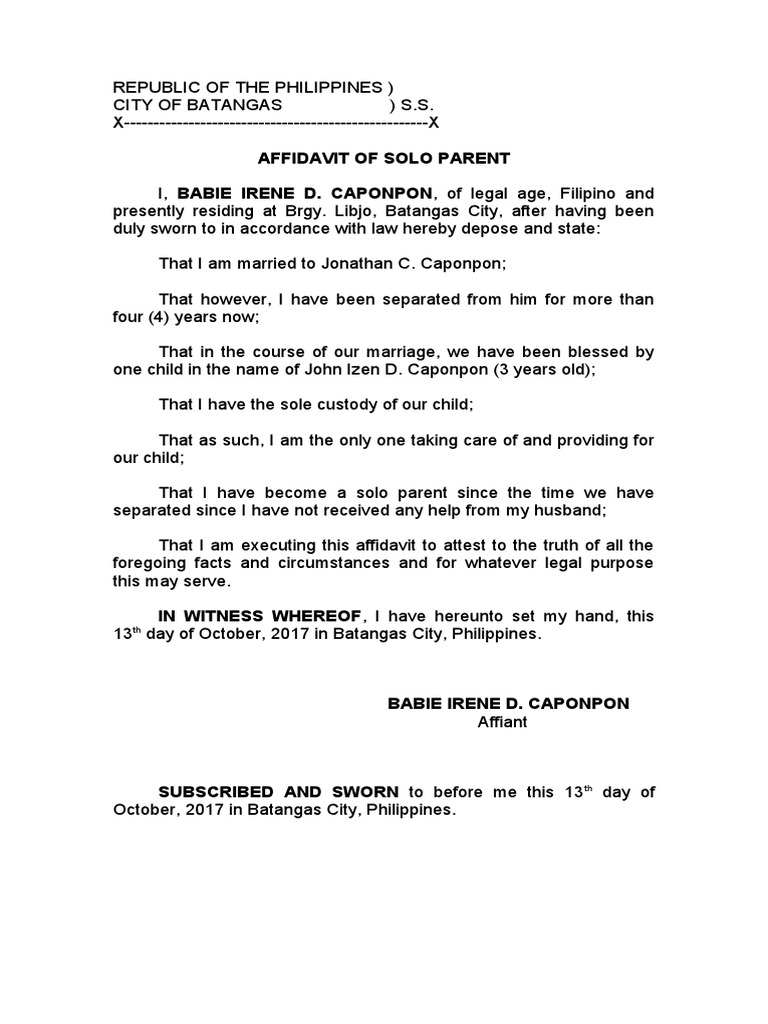 Affidavit of Solo Parent Custody | PDF