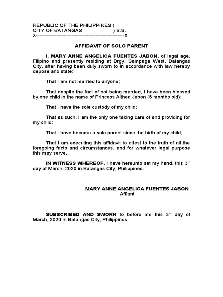 Affidavit of Solo Parent - Unwed | PDF