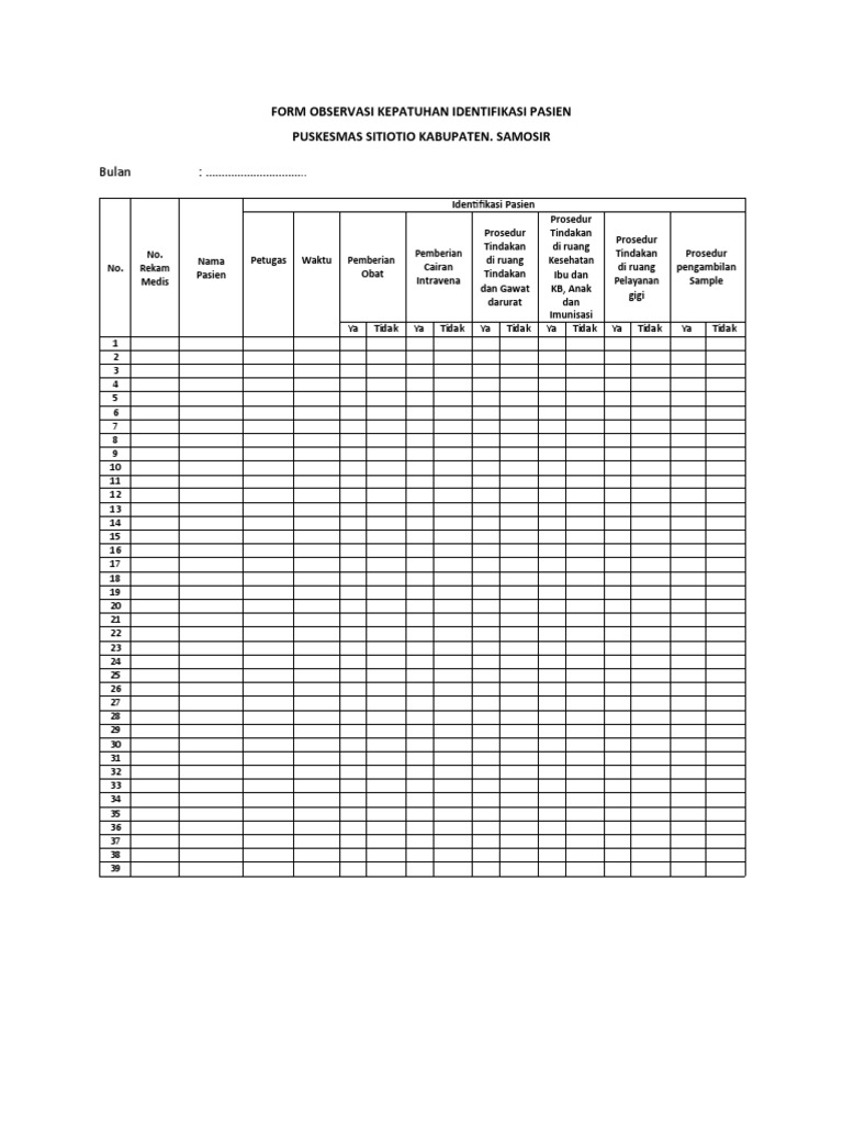 Form Observasi Kepatuhan Identifikasi Pasien-1 | PDF Form Observasi Kepatuhan Identifikasi Pasien-1 | PDF