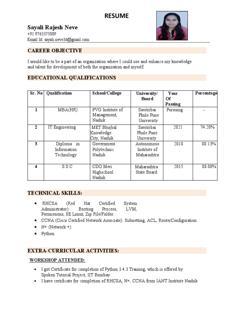 Resume: Sayali Rajesh Neve | Download Free PDF | Blood Type | Leadership