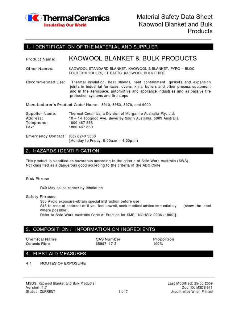 MSDS - Kaowool Blanket and Bulk Products | PDF | Dust | Personal ...