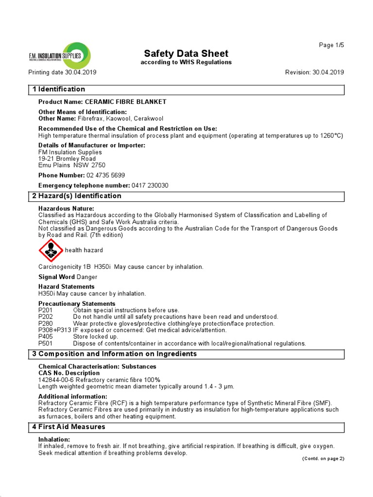 61 Sds Ceramic Fibre Blanket | PDF | Personal Protective Equipment ...