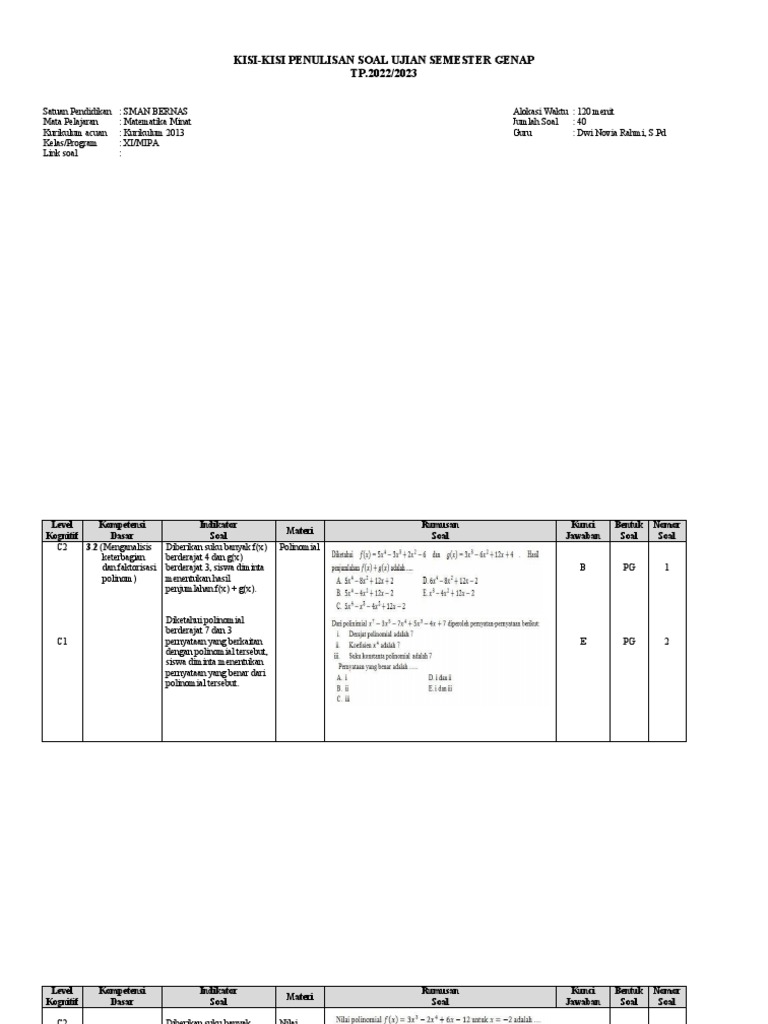 Kisi-Kisi Soal Xi Mipa Genap 2023 | PDF