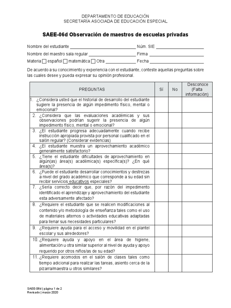 Saee 06d Observacion de Maestros de Escuelas Privadas | PDF ...