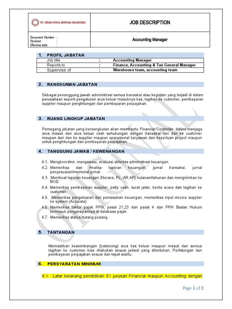Draft Jobdesc Acc Manager | PDF