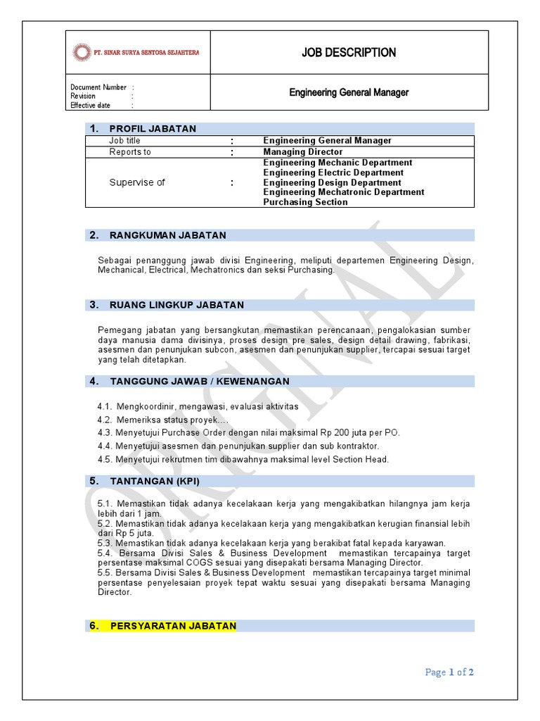 Draft Jobdesc Engineering General Manager | PDF