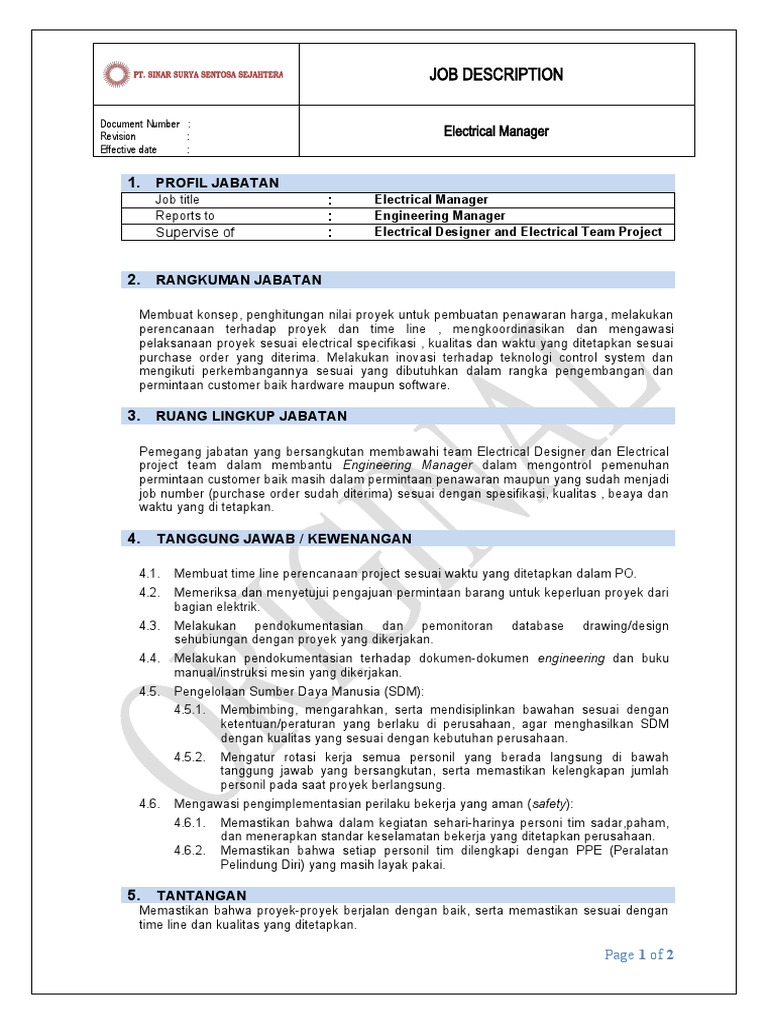 Tugas dan Tanggung Jawab Electrical Manager | PDF | Seni | Teknologi ...