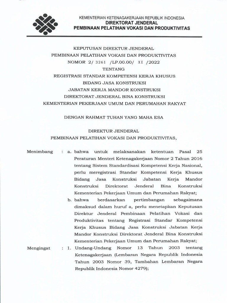 Kepdirjen 3261-2022 SKKK Mandor Konstruksi, PUPR | PDF