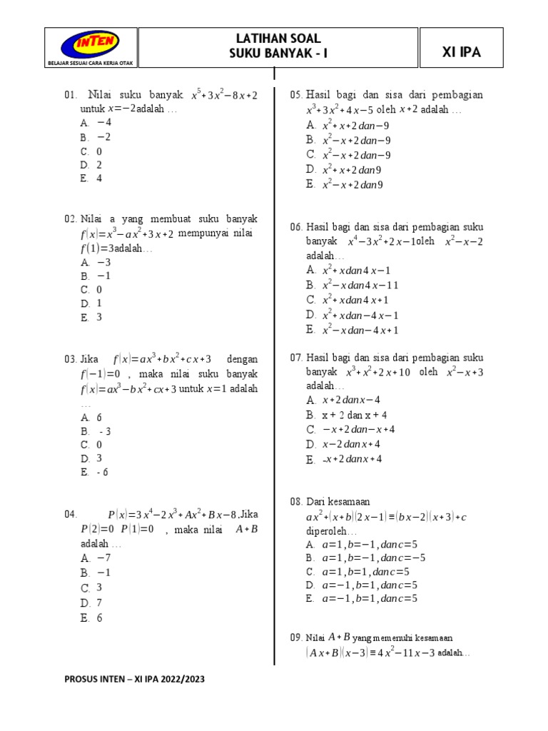 Latihan Soal Xi Suku Banyak 1 | PDF | Metode & Bahan Ajar
