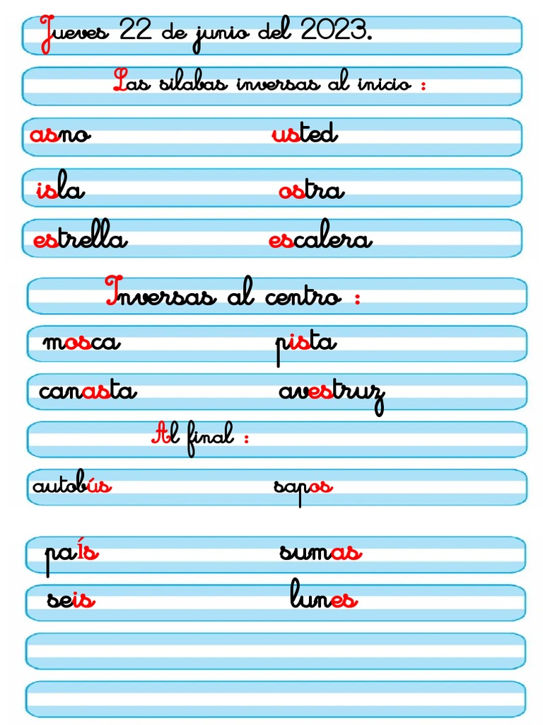 Palabras con sílabas "as, es, is, os, us" | PDF