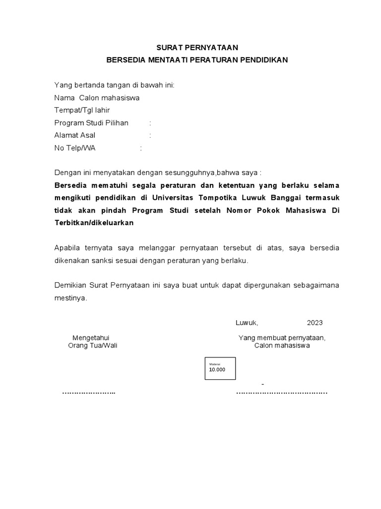 Surat Pernyataan Mematuhi Peraturan Pendidikan | PDF