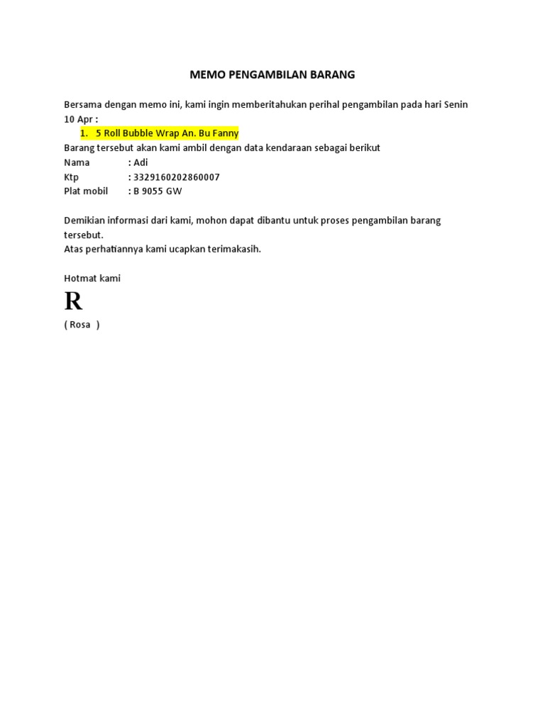 MEMO pengambilan bubble wrap | PDF