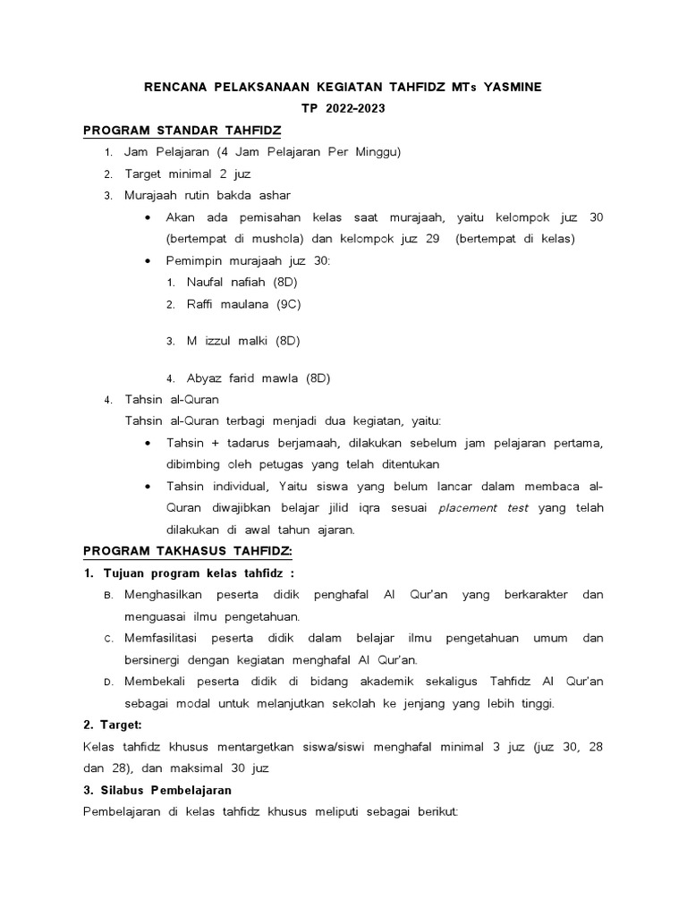 Profram Tahfidz Tahun Ajaran 2022 Raker | PDF