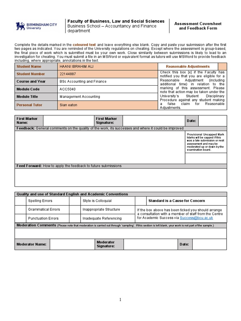ACC5040 Coursework Cover Sheet S1 October 2022 | PDF | Cost | Financial ...