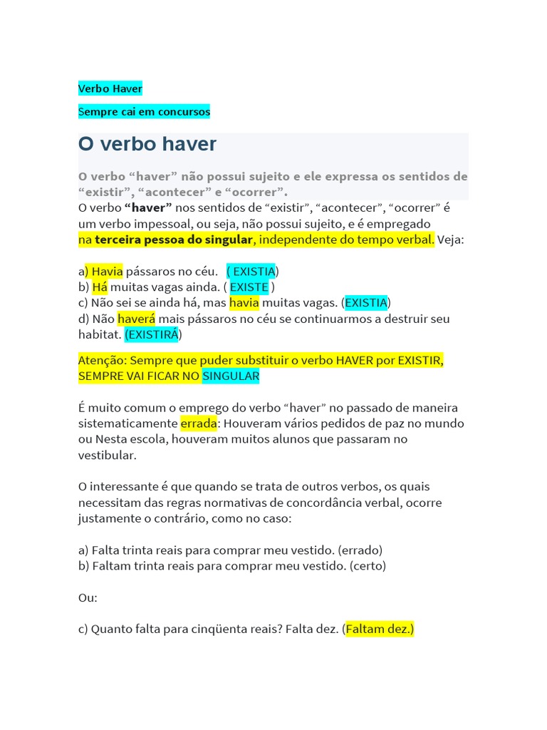 Uso Correto do Verbo Haver | PDF | Artes Linguísticas e Disciplina ...