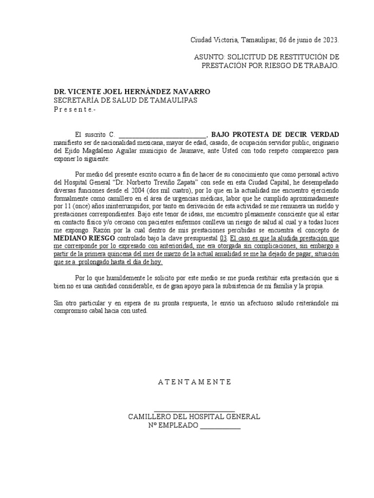 Solicitud de Restitución de Prestación de Trabajo | PDF