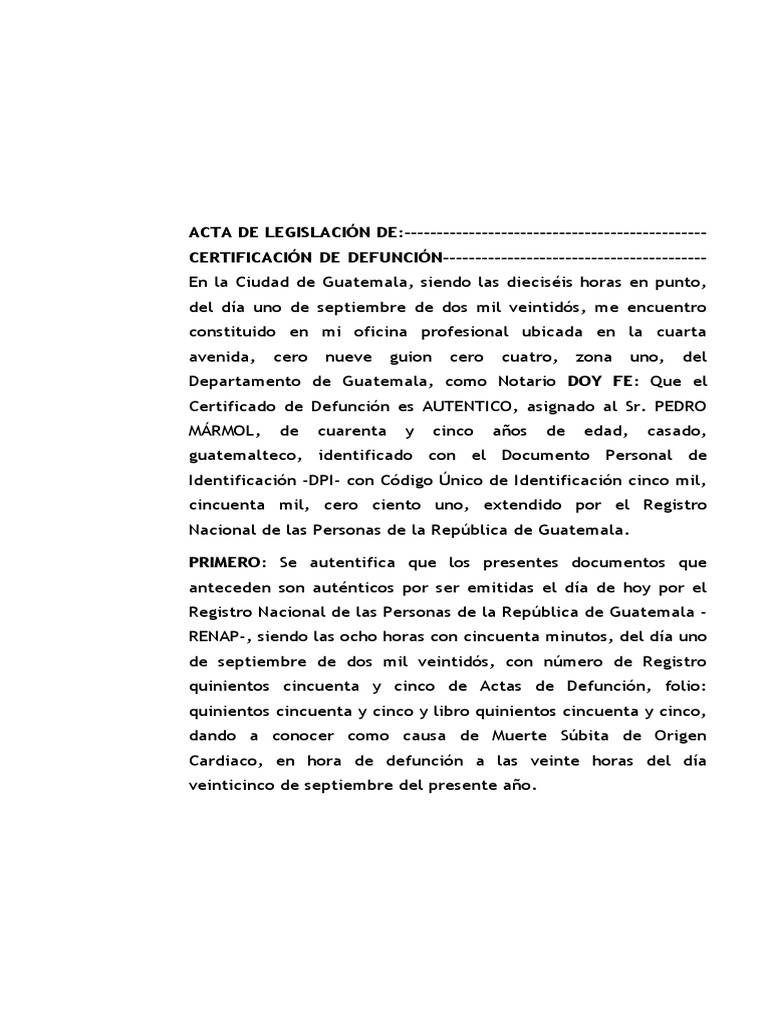 Acta de Legalización de Acta de Defuncion | PDF
