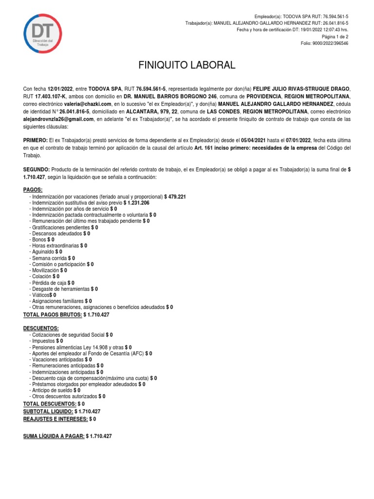 Finiquito Laboral 396546 | PDF
