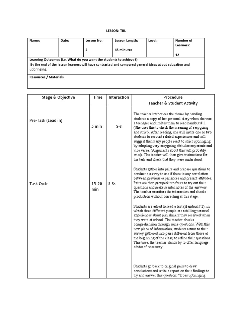 TBL Lesson Plan Sample | PDF | Teachers | Learning