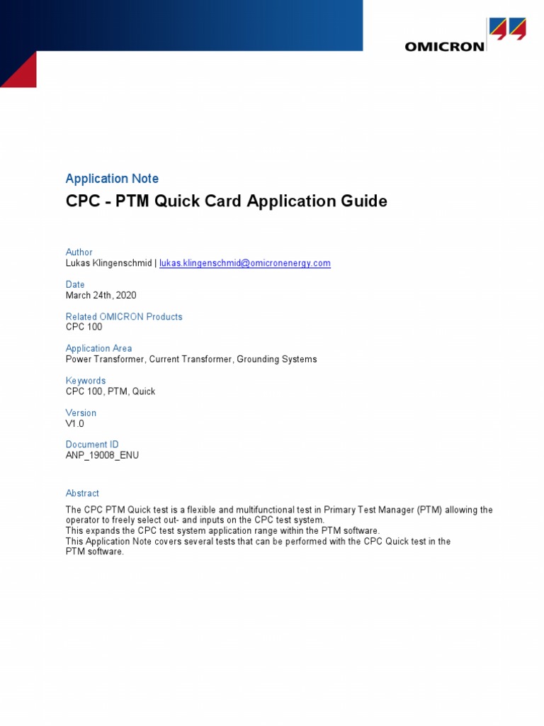 CPC 100 PTM Quick Test Guide | PDF | Transformer | Electrical Impedance
