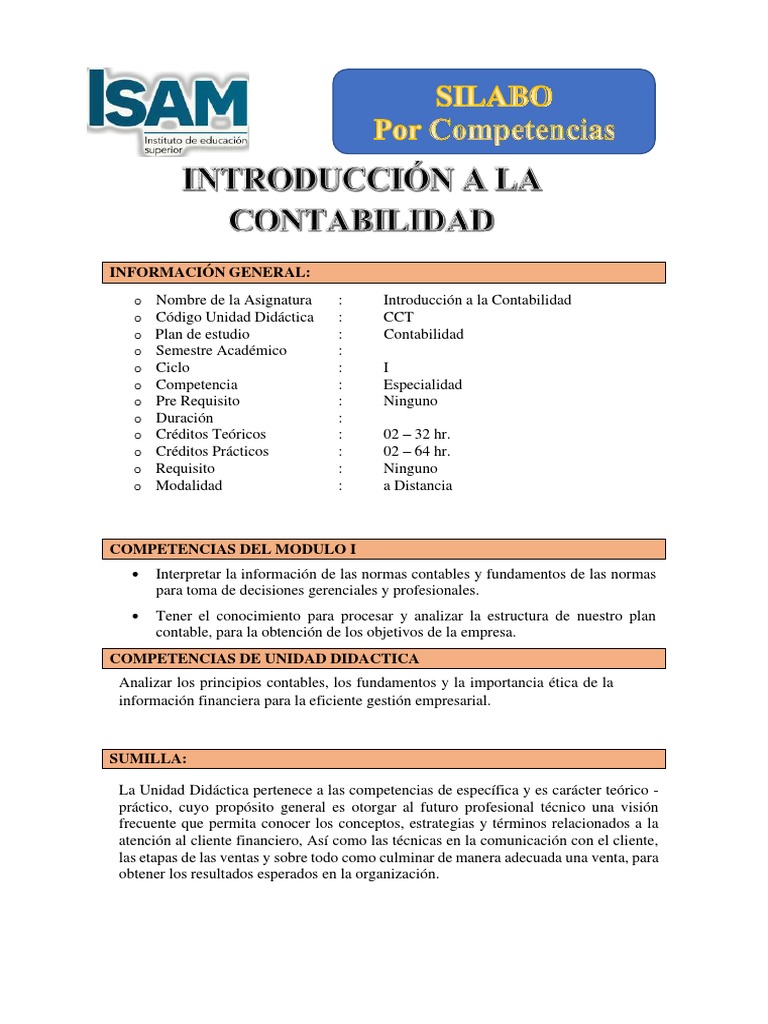Silabo Introducción A La Contabilidad | PDF | Contabilidad | Estado financiero