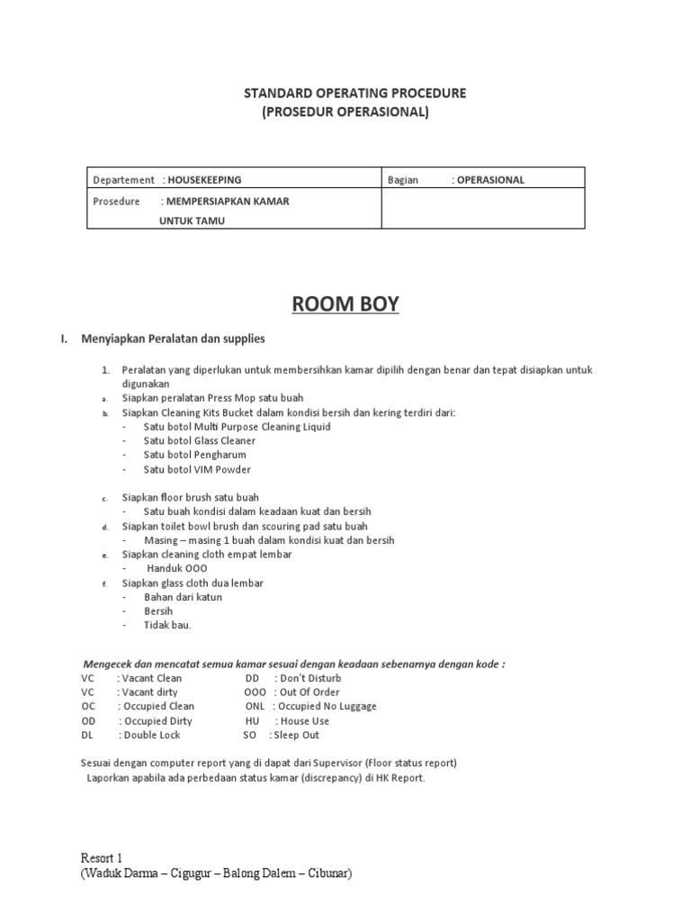Standard Operating Procedure Roomboy | PDF