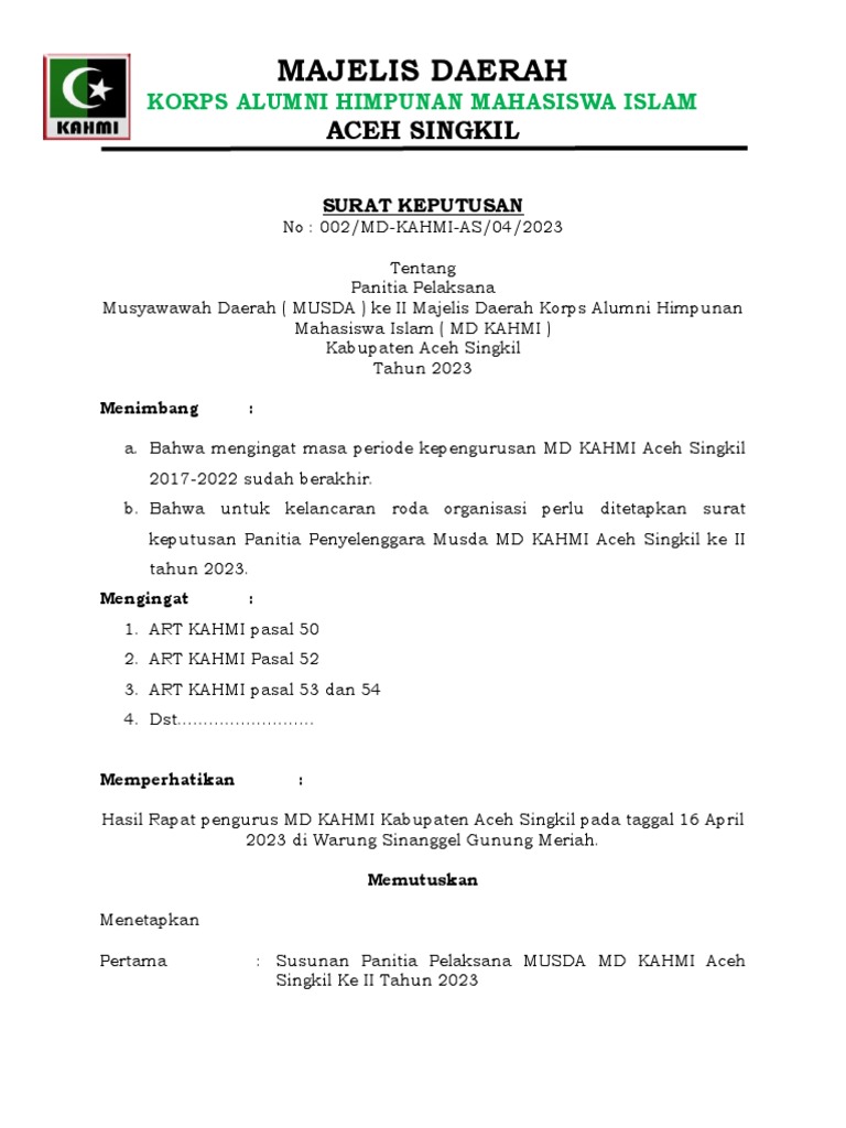 SK Panitia Musda Ke II MD Kahmi Aceh Singkil | PDF