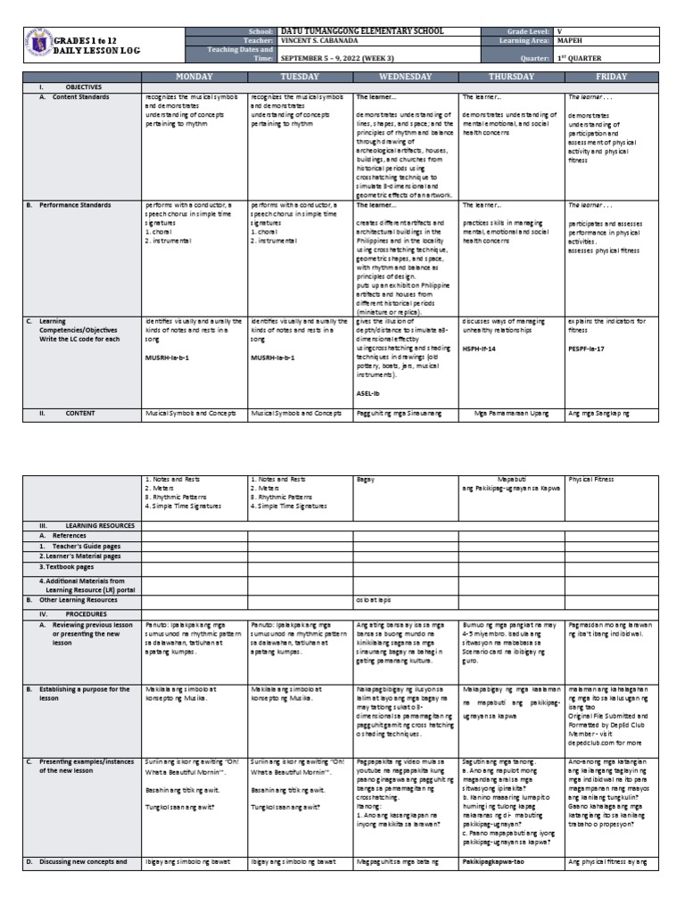 DLL - Mapeh 5 - Q1 - W3 | PDF | Learning | Cognitive Science