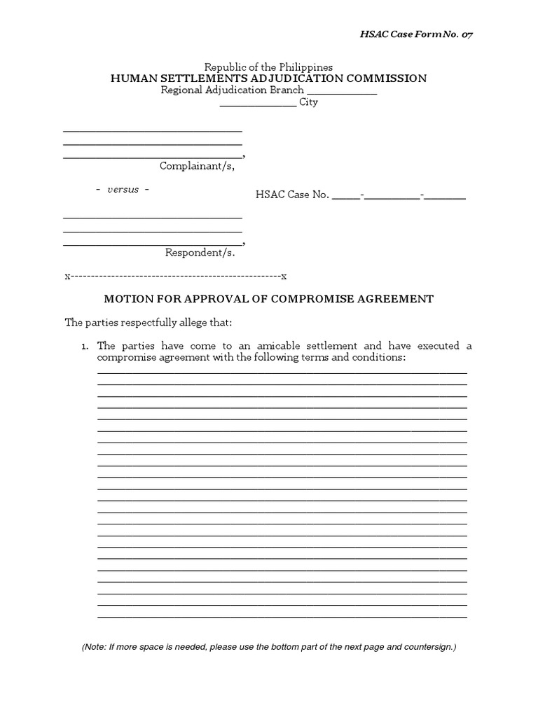 Hsac Case Form No. 7 Motion To Approve Compromise Agreement | PDF ...