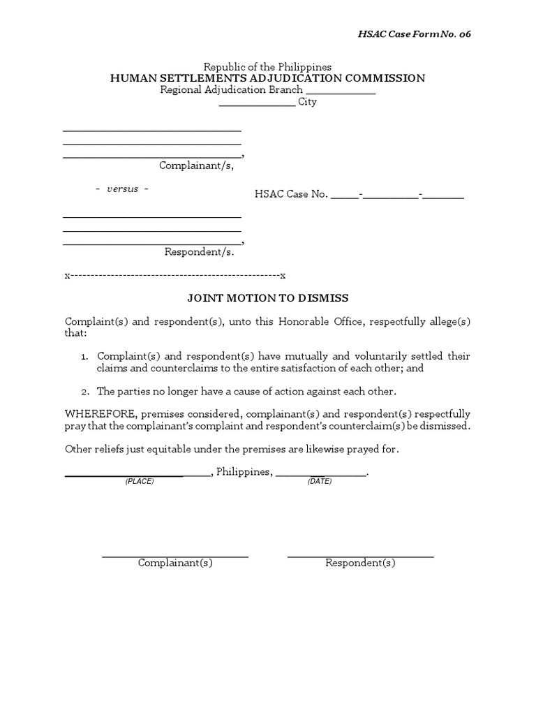 Hsac Case Form No. 6 Joint Motion To Dismiss | PDF