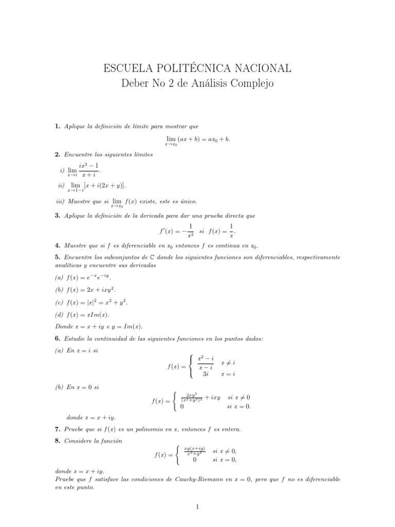 Deber No 2 - Análisis Complejo - 2023A | PDF | Análisis matemático | Matemáticas