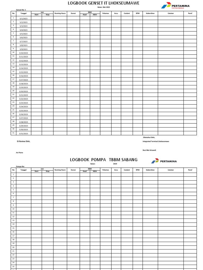 Logbook Genset Mei 2023 Lhokseumawe | PDF