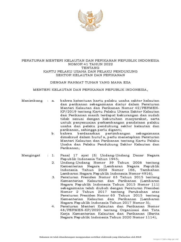 Permen KP Nomor 41 Tahun 2022 Tentang Kusuka | PDF | Sains & Matematika
