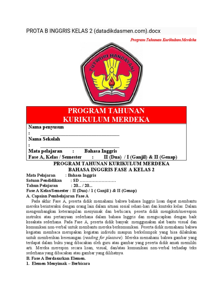 Prota Kelas 2 Kumer | PDF