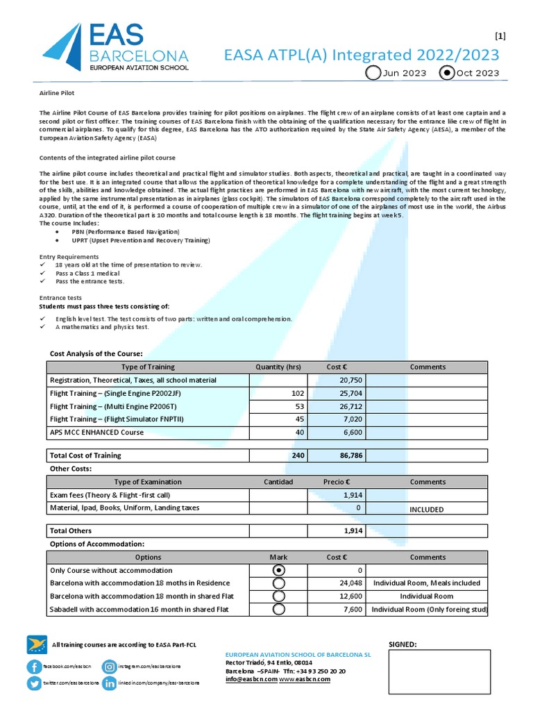 EAS BARCELONA Contract ATPL Integrated 2022-2023-2 | PDF | Debit Card | Fee