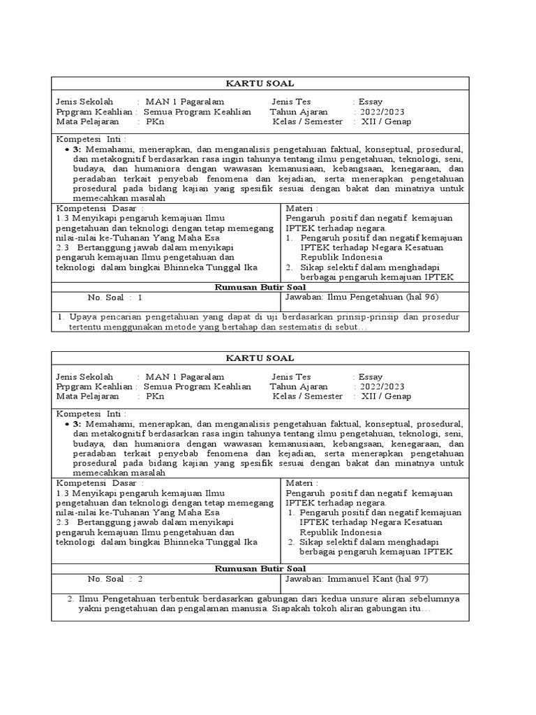 Kartu Soal Genap Kelas Xii 2023 | PDF