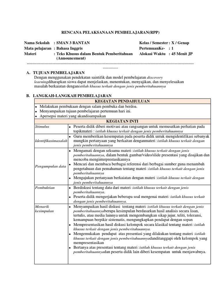 RPP 5 - Teks Khusus Dalam Bentuk Pemberitahuan (Announcement) - Dikonversi | PDF | Karier ...