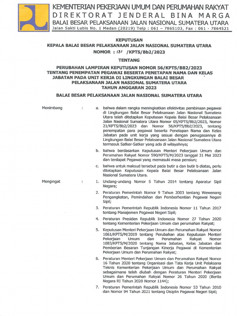 Nomor 131 KPTS Bb2 2023 - SK Penempatan Nama Dan Kelas Jabatan | PDF