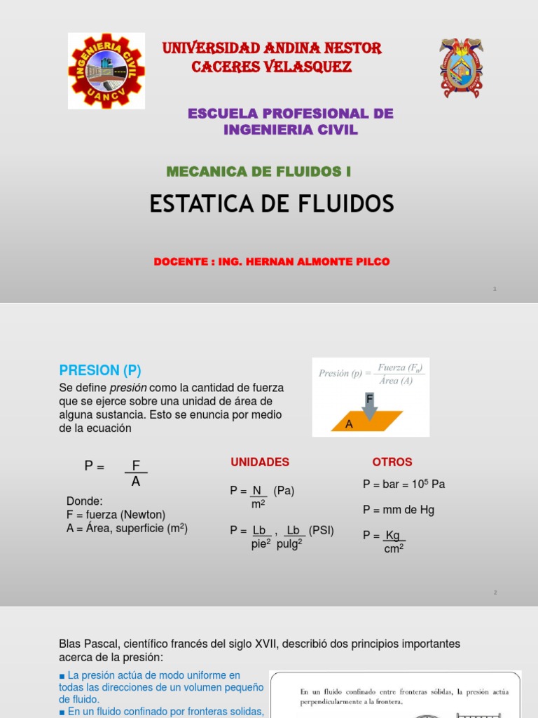 Estatica de Fluidos | PDF | Presión | Pascal (Unidad)