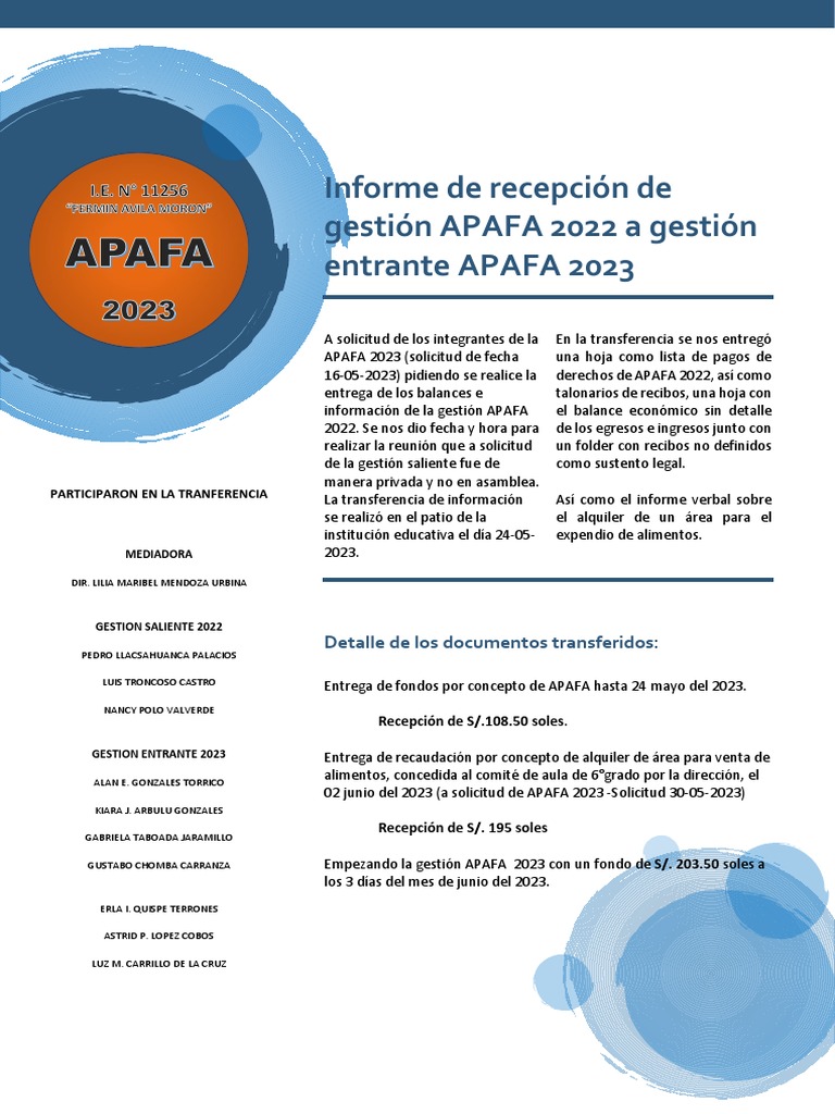 Informe 17 07 2023 Gestión Entrante APAFA 2023 | PDF
