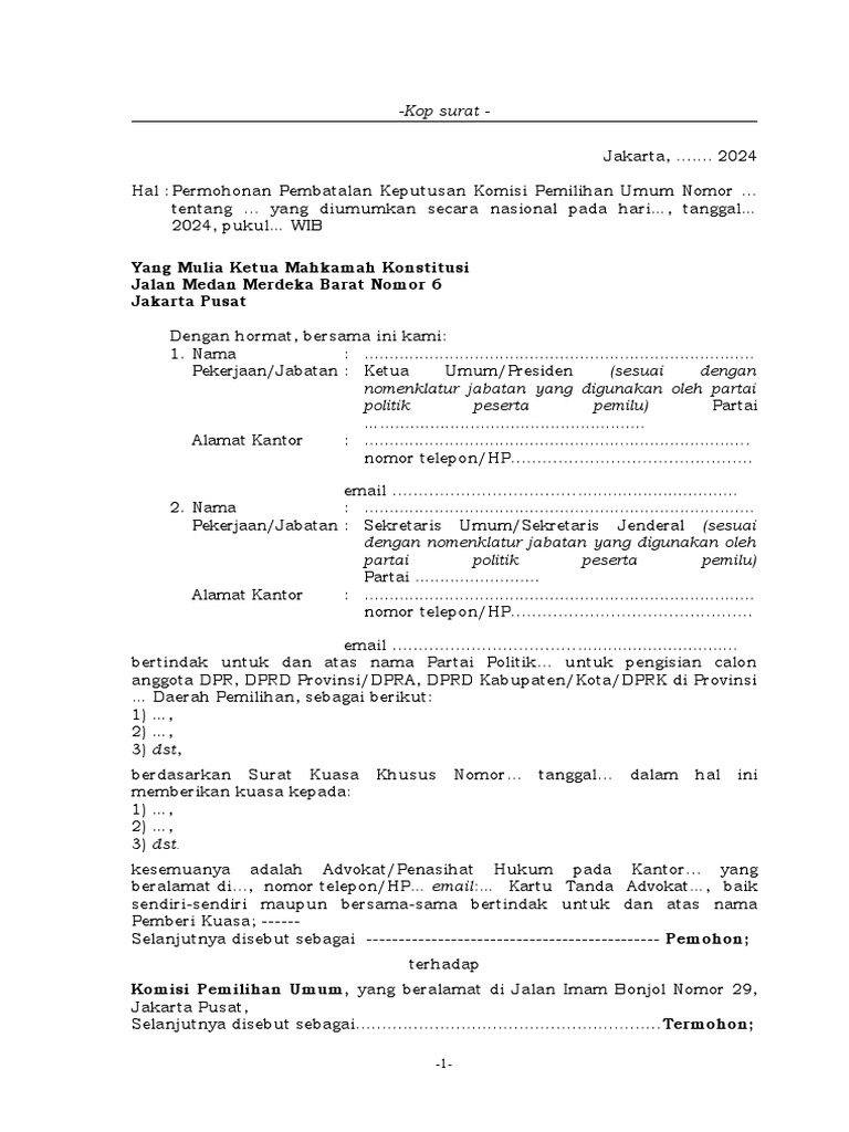 Materi - 297 - Template Permohonan Pemohon DPR-DPRD (PARPOL) | PDF