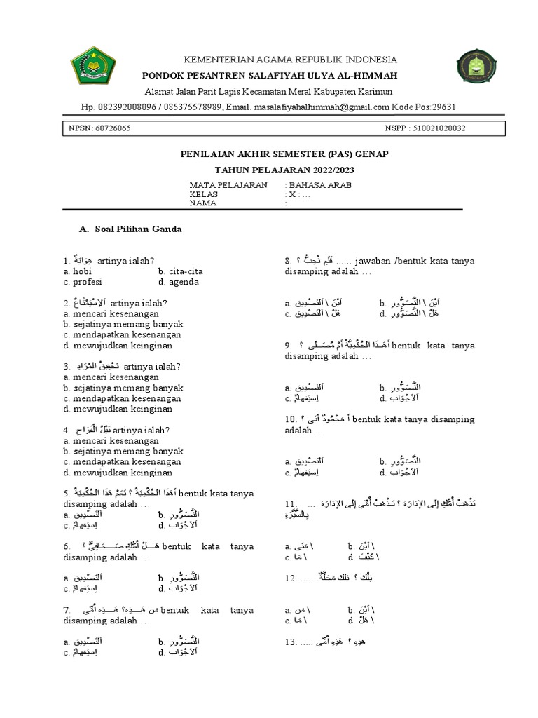 Soal Bahasa Arab Kelas X | PDF