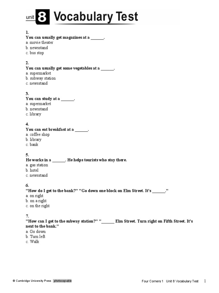 Four Corners 2e level 1 Unit 08 Vocabulary Test | PDF