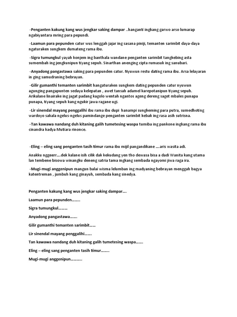 Penganten Kakung Kang Wus Jengkar Saking Dampar | PDF