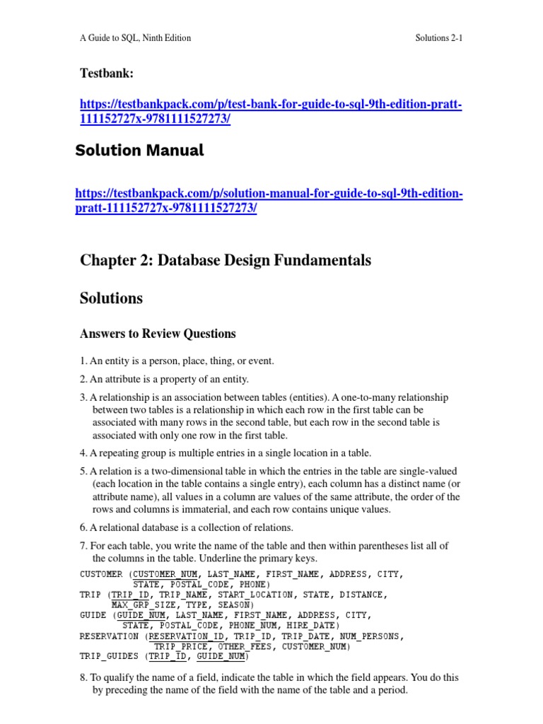 Guide To SQL 9th Edition by Pratt Last Solution Manual | PDF | Relational Model | Databases